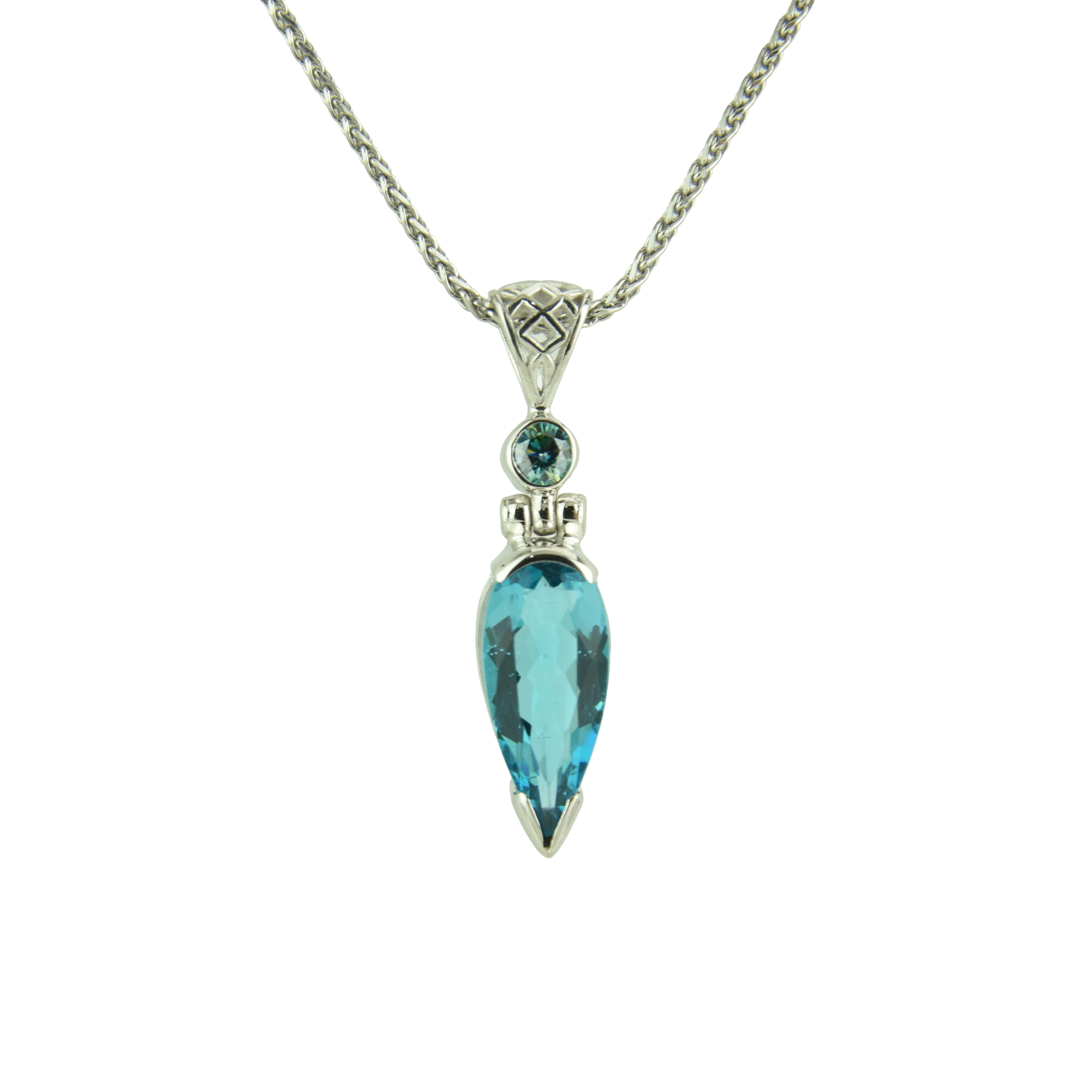 Blue Green Obsidian Pendant, Pear Cut, set in Sterling Silver plated i ...